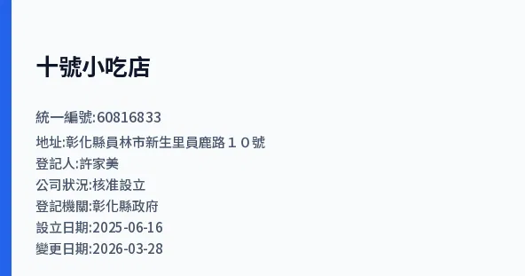十號小吃店的照片-統編 60816833(彰化縣) 公司登記資料與營業項目詳細圖表