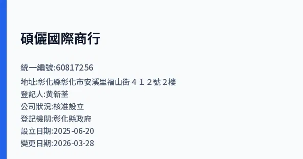 碩儷國際商行的照片-統編 60817256(彰化縣) 公司登記資料與營業項目詳細圖表