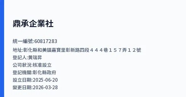 鼎承企業社的照片-統編 60817283(彰化縣) 公司登記資料與營業項目詳細圖表