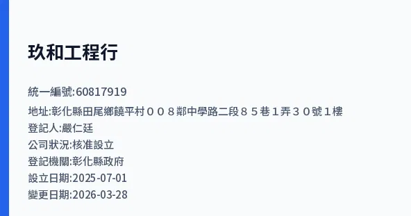 玖和工程行的照片-統編 60817919(彰化縣) 公司登記資料與營業項目詳細圖表