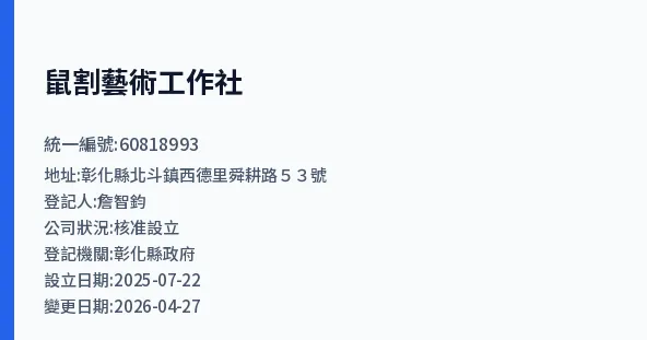 鼠割藝術工作社的照片-統編 60818993(彰化縣) 公司登記資料與營業項目詳細圖表