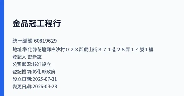 金品冠工程行的照片-統編 60819629(彰化縣) 公司登記資料與營業項目詳細圖表