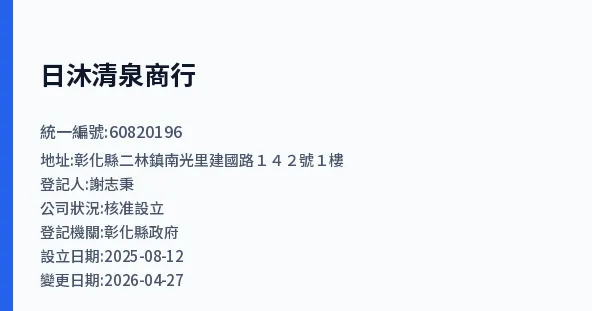 日沐清泉商行的照片-統編 60820196(彰化縣) 公司登記資料與營業項目詳細圖表