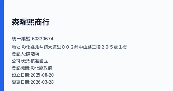森曜熙商行的照片-統編 60820674(彰化縣) 公司登記資料與營業項目詳細圖表