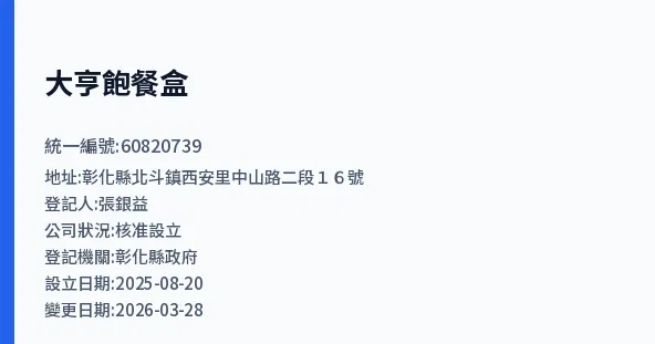 大亨飽餐盒的照片-統編 60820739(彰化縣) 公司登記資料與營業項目詳細圖表