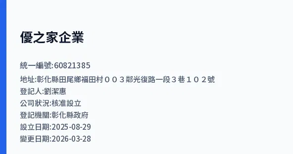 優之家企業的照片-統編 60821385(彰化縣) 公司登記資料與營業項目詳細圖表