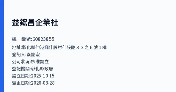 益鋐昌企業社的照片-統編 60823855(彰化縣) 公司登記資料與營業項目詳細圖表