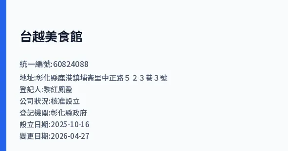 台越美食館的照片-統編 60824088(彰化縣) 公司登記資料與營業項目詳細圖表