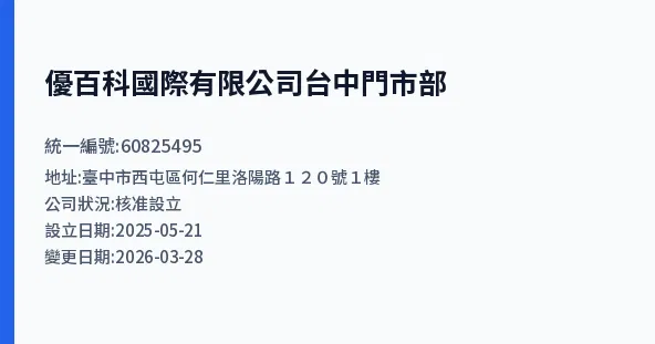 優百科國際有限公司台中門市部的照片-統編 60825495(臺中市) 公司登記資料與營業項目詳細圖表