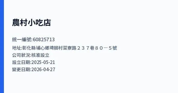 農村小吃店的照片-統編 60825713(彰化縣) 公司登記資料與營業項目詳細圖表