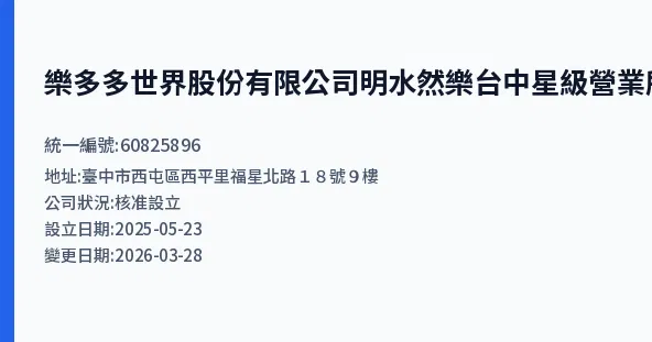 樂多多世界股份有限公司明水然樂台中星級營業所的照片-統編 60825896(臺中市) 公司登記資料與營業項目詳細圖表