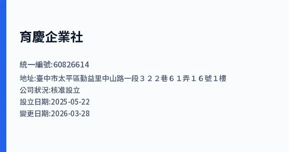 育慶企業社的照片-統編 60826614(臺中市) 公司登記資料與營業項目詳細圖表