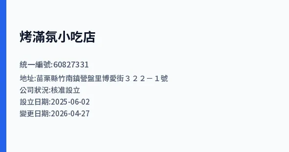 烤滿氛小吃店的照片-統編 60827331(苗栗縣) 公司登記資料與營業項目詳細圖表