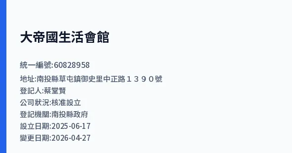 大帝國生活會館的照片-統編 60828958(南投縣) 公司登記資料與營業項目詳細圖表