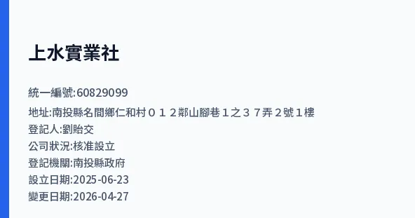 上水實業社的照片-統編 60829099(南投縣) 公司登記資料與營業項目詳細圖表