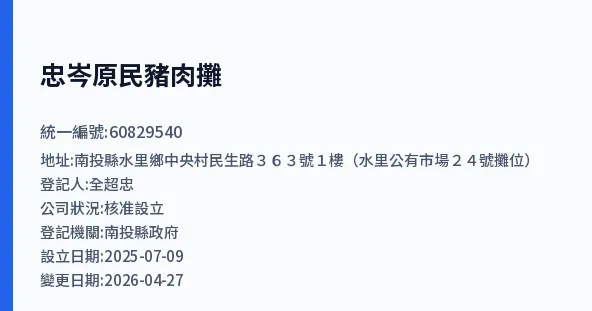忠岑原民豬肉攤的照片-統編 60829540(南投縣) 公司登記資料與營業項目詳細圖表