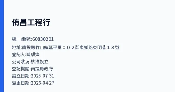 侑昌工程行的照片-統編 60830201(南投縣) 公司登記資料與營業項目詳細圖表