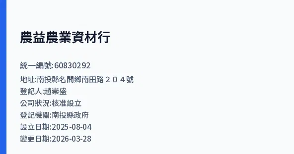 農益農業資材行的照片-統編 60830292(南投縣) 公司登記資料與營業項目詳細圖表