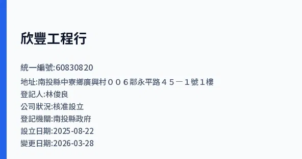 欣豐工程行的照片-統編 60830820(南投縣) 公司登記資料與營業項目詳細圖表