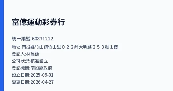富億運動彩券行的照片-統編 60831222(南投縣) 公司登記資料與營業項目詳細圖表