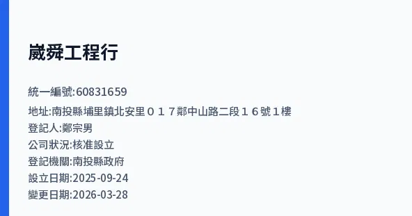 崴舜工程行的照片-統編 60831659(南投縣) 公司登記資料與營業項目詳細圖表
