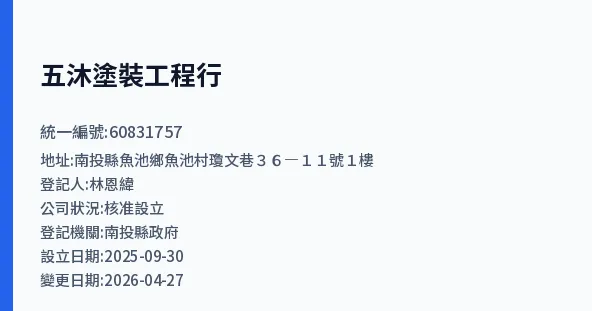 五沐塗裝工程行的照片-統編 60831757(南投縣) 公司登記資料與營業項目詳細圖表