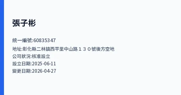 張子彬的照片-統編 60835347(彰化縣) 公司登記資料與營業項目詳細圖表