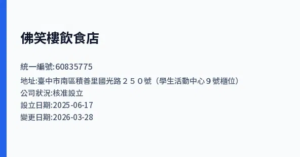 佛笑樓飲食店的照片-統編 60835775(臺中市) 公司登記資料與營業項目詳細圖表