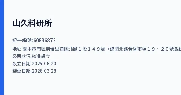 山久料研所的照片-統編 60836872(臺中市) 公司登記資料與營業項目詳細圖表