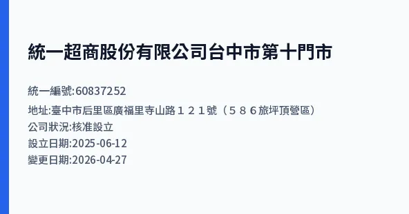 統一超商股份有限公司台中市第十門市的照片-統編 60837252(臺中市) 公司登記資料與營業項目詳細圖表