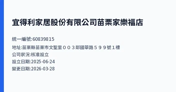 宜得利家居股份有限公司苗栗家樂福店的照片-統編 60839815(苗栗縣) 公司登記資料與營業項目詳細圖表