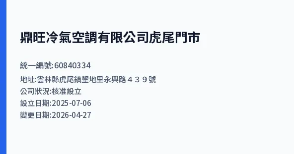 鼎旺冷氣空調有限公司虎尾門市的照片-統編 60840334(雲林縣) 公司登記資料與營業項目詳細圖表