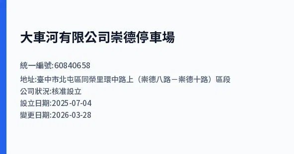 大車河有限公司崇德停車場的照片-統編 60840658(臺中市) 公司登記資料與營業項目詳細圖表