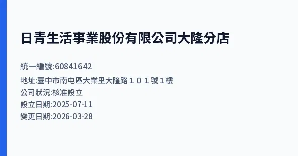 日青生活事業股份有限公司大隆分店的照片-統編 60841642(臺中市) 公司登記資料與營業項目詳細圖表