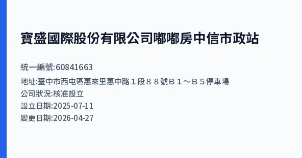 寶盛國際股份有限公司嘟嘟房中信市政站的照片-統編 60841663(臺中市) 公司登記資料與營業項目詳細圖表
