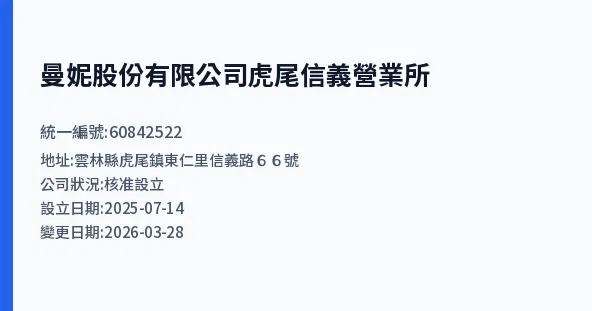 曼妮股份有限公司虎尾信義營業所的照片-統編 60842522(雲林縣) 公司登記資料與營業項目詳細圖表
