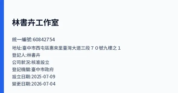 林書卉工作室的照片-統編 60842754(臺中市) 公司登記資料與營業項目詳細圖表