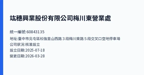 竑穗興業股份有限公司梅川東營業處的照片-統編 60843135(臺中市) 公司登記資料與營業項目詳細圖表
