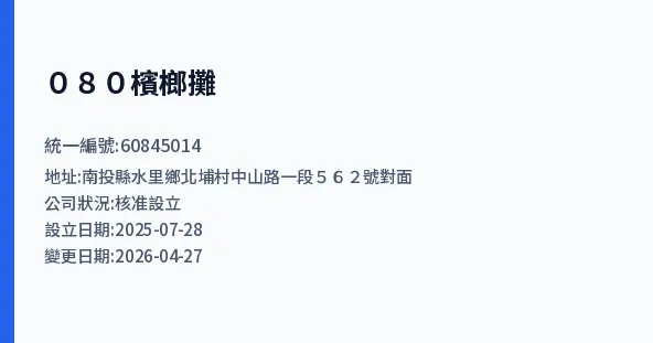080檳榔攤的照片-統編 60845014(南投縣) 公司登記資料與營業項目詳細圖表