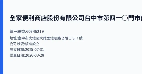 全家便利商店股份有限公司台中市第四一○門市部的照片-統編 60846219(臺中市) 公司登記資料與營業項目詳細圖表