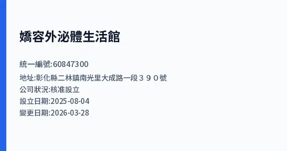 嬌容外泌體生活館的照片-統編 60847300(彰化縣) 公司登記資料與營業項目詳細圖表
