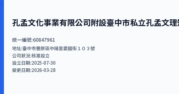 孔孟文化事業有限公司附設臺中市私立孔孟文理短期補習班的照片-統編 60847961(臺中市) 公司登記資料與營業項目詳細圖表