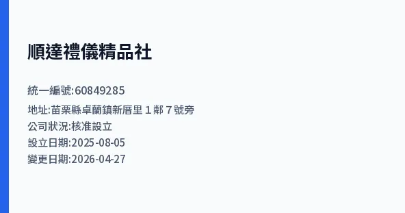 順達禮儀精品社的照片-統編 60849285(苗栗縣) 公司登記資料與營業項目詳細圖表