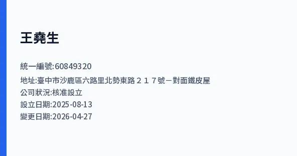 王堯生的照片-統編 60849320(臺中市) 公司登記資料與營業項目詳細圖表