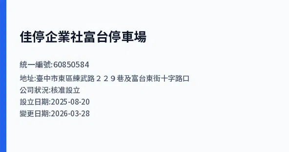 佳停企業社富台停車場的照片-統編 60850584(臺中市) 公司登記資料與營業項目詳細圖表