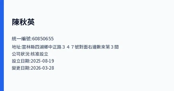 陳秋英的照片-統編 60850655(雲林縣) 公司登記資料與營業項目詳細圖表