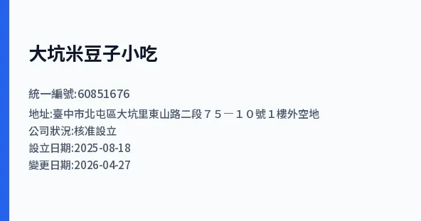 大坑米豆子小吃的照片-統編 60851676(臺中市) 公司登記資料與營業項目詳細圖表