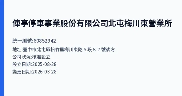 俥亭停車事業股份有限公司北屯梅川東營業所的照片-統編 60852942(臺中市) 公司登記資料與營業項目詳細圖表