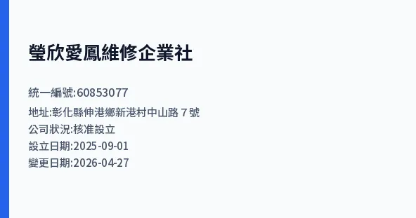 瑩欣愛鳳維修企業社的照片-統編 60853077(彰化縣) 公司登記資料與營業項目詳細圖表