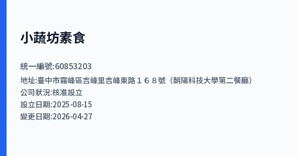 小蔬坊素食的照片-統編 60853203(臺中市) 公司登記資料與營業項目詳細圖表